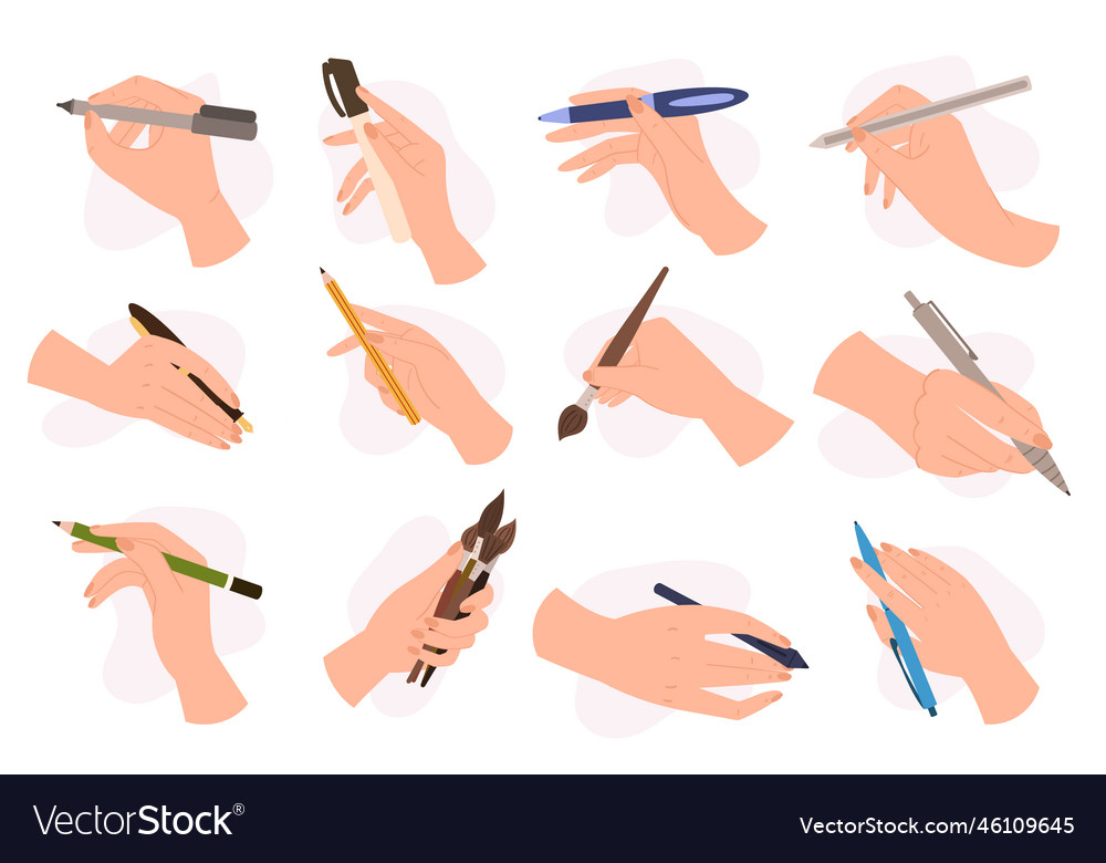 Set of human hands holding various writing tools Vector Image Set of human hands holding various writing tools Vector Image