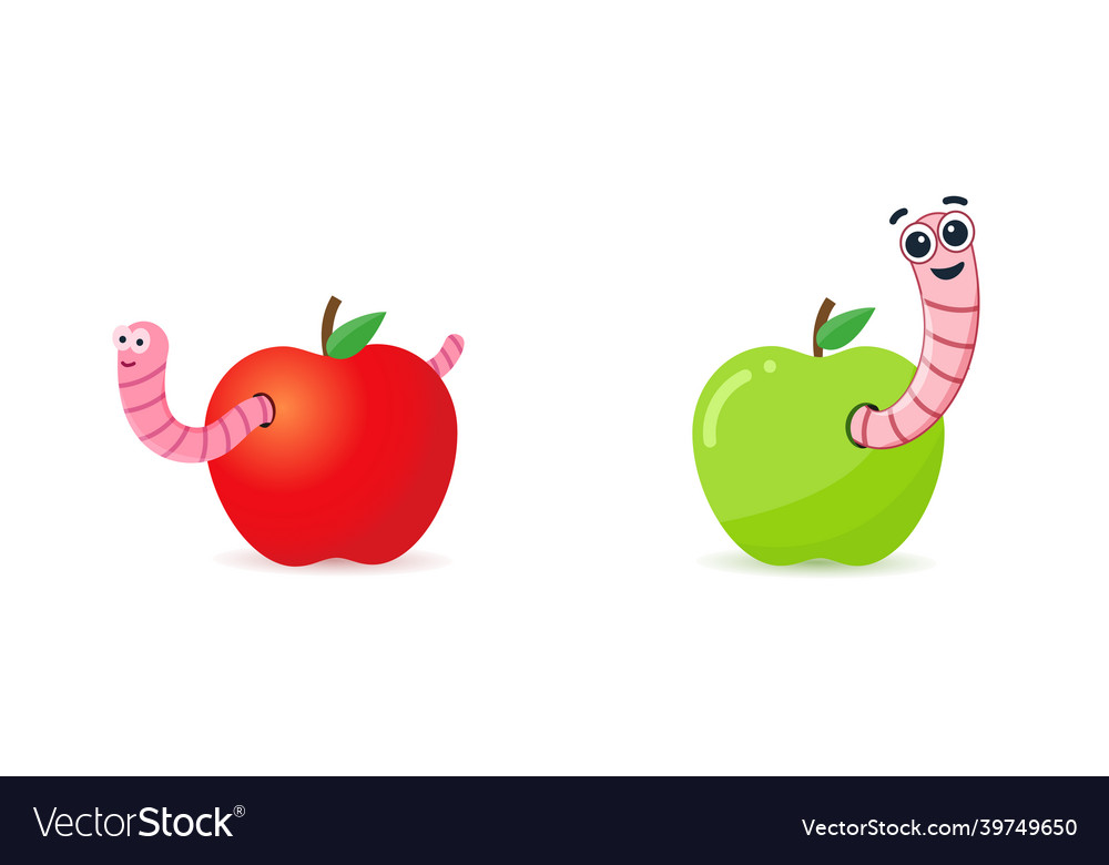 Red and green apples with worms worm is a cartoon Vector Image