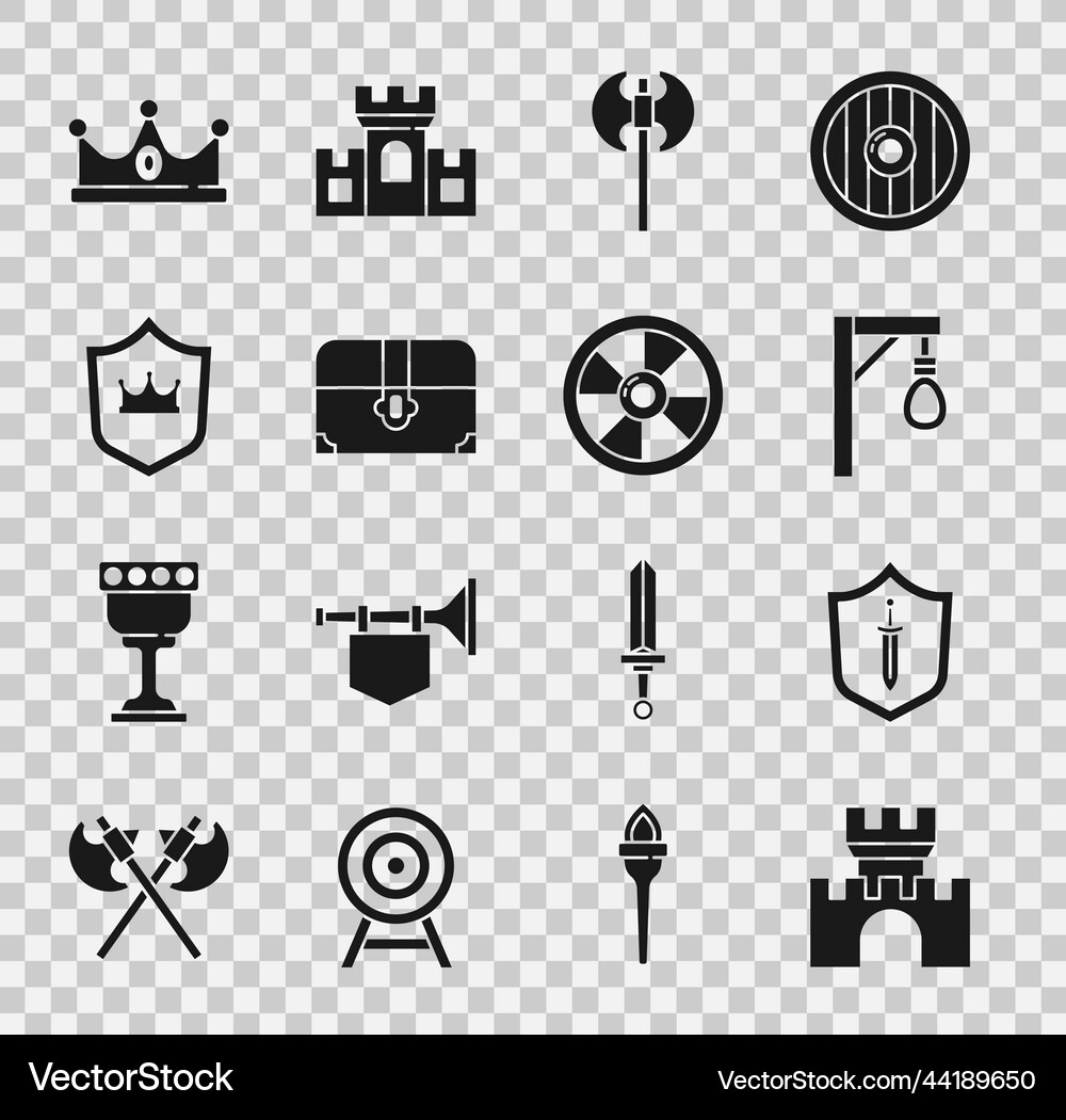 Set castle fortress medieval shield with sword Vector Image