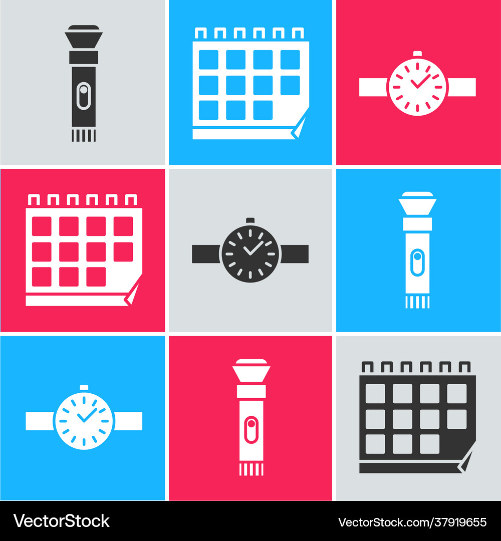 Set flashlight calendar and wrist watch icon Vector Image