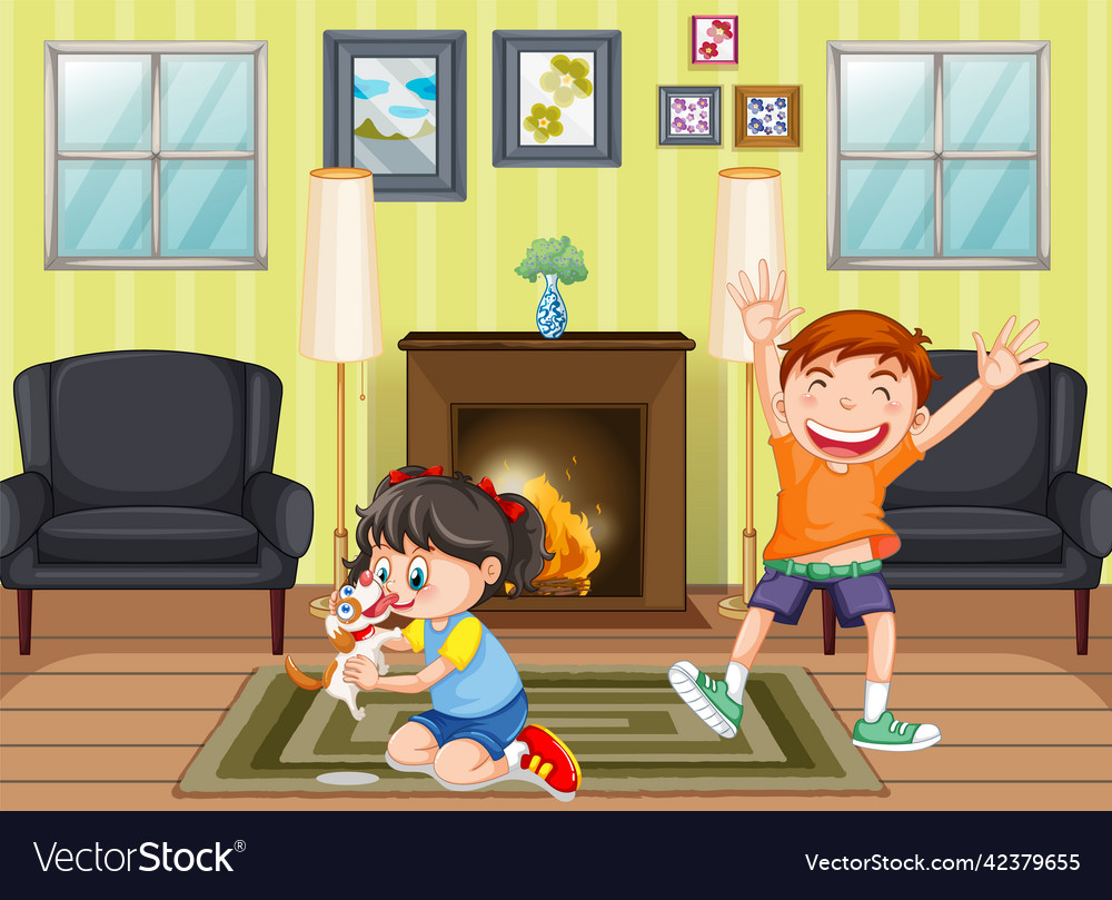 Two kids being happy at home Royalty Free Vector Image