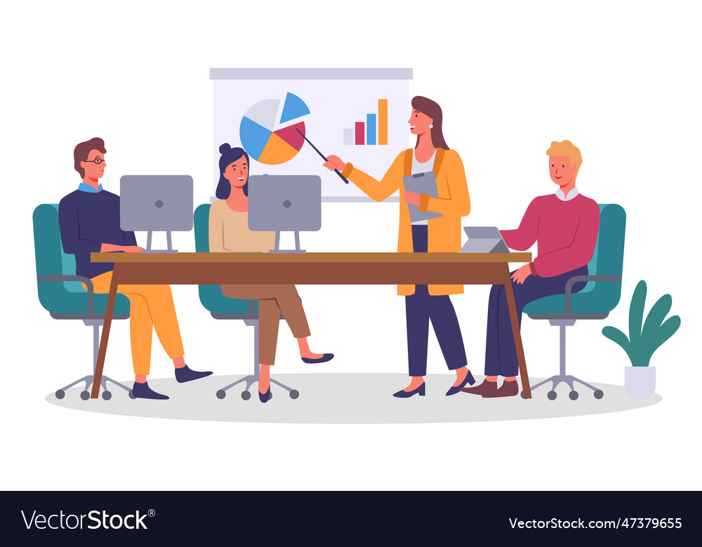 Worker with pointer show graphical analytics Vector Image
