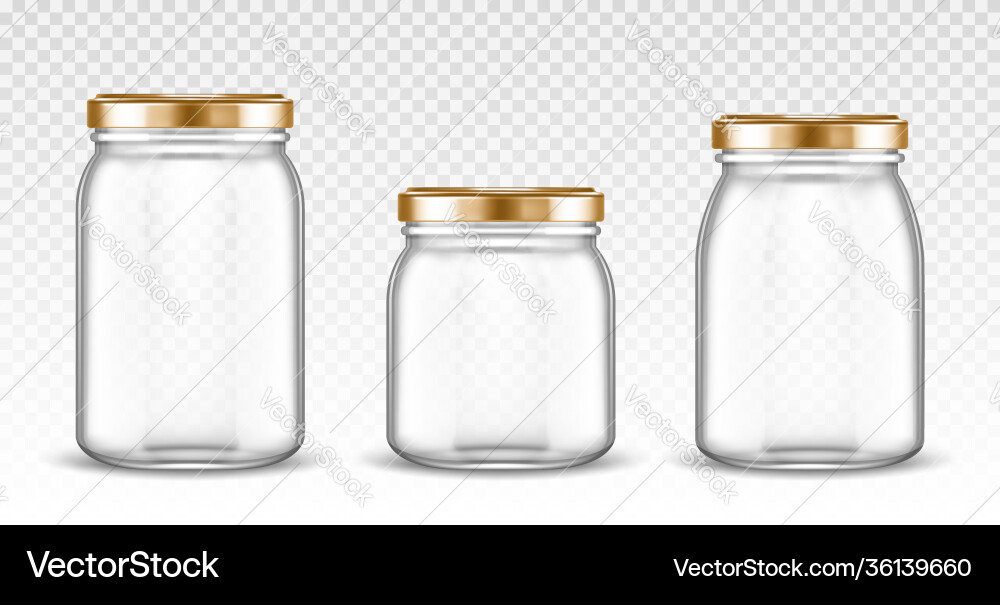 Empty glass jars different shapes with gold lids Vector Image