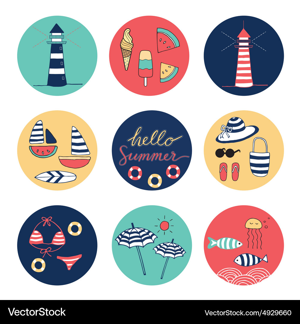Hello summer icons circle colorful Royalty Free Vector Image