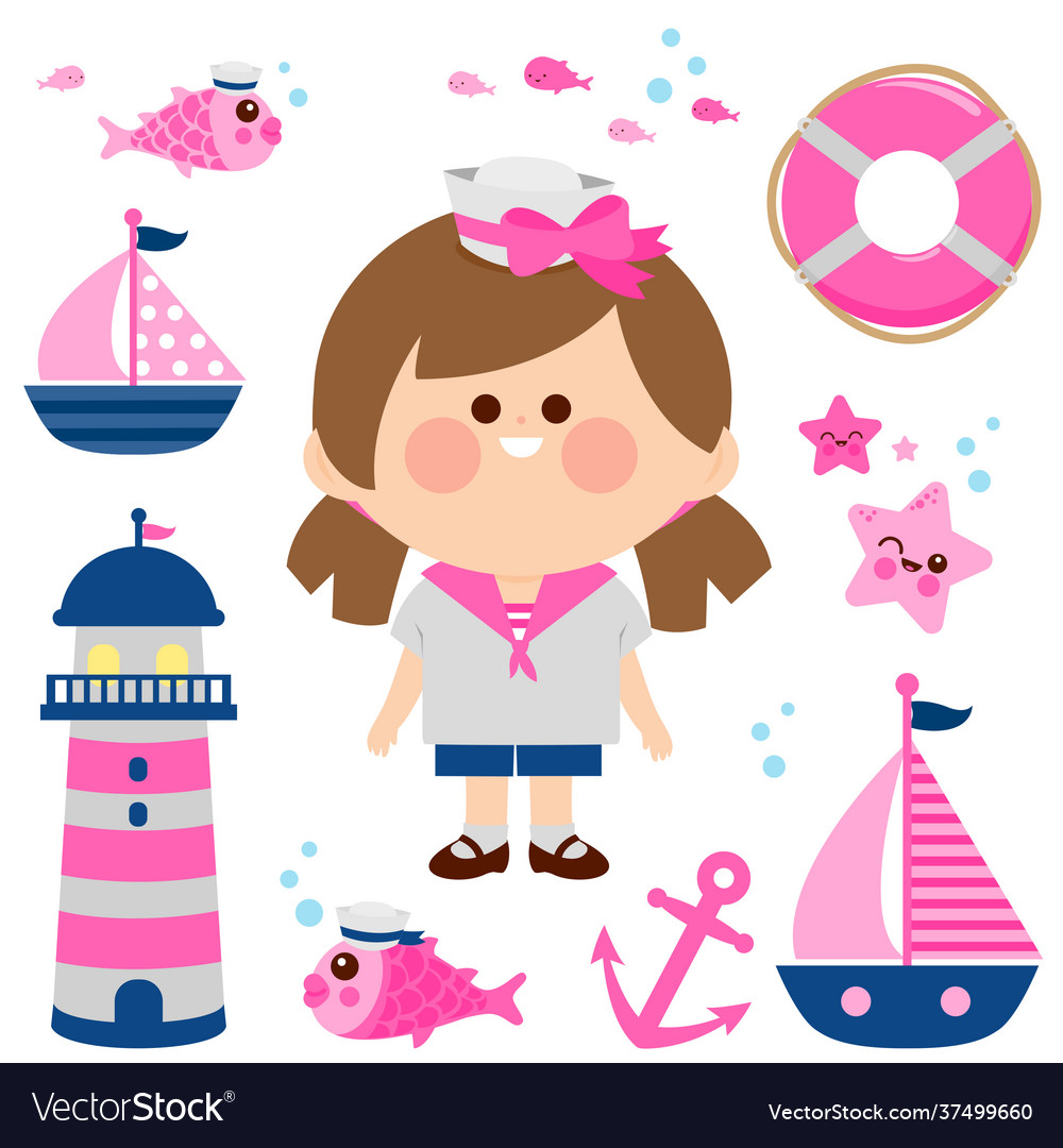 Sailor girl nautical set collection Royalty Free Vector