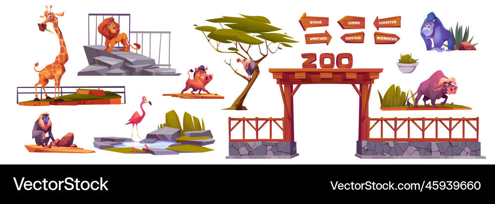 Zoo animals and landscape design set Royalty Free Vector