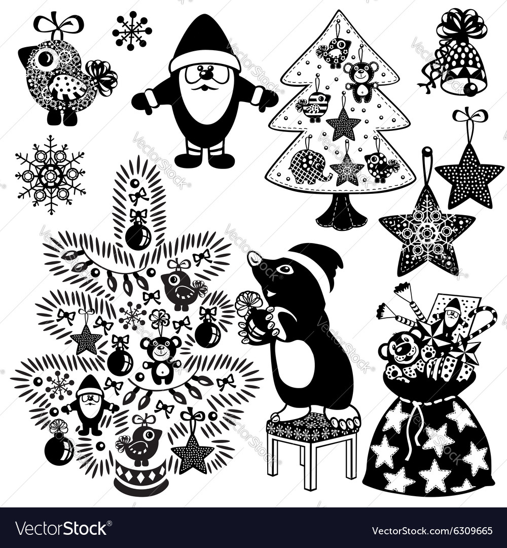Christmas set black white Royalty Free Vector Image