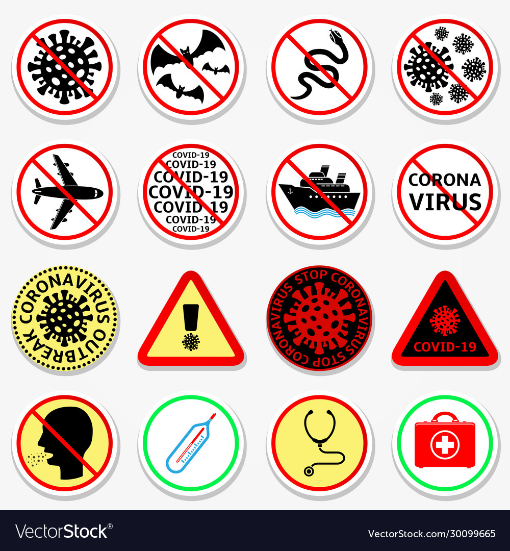 Coronavirus covid19-19 prohibition stickers set Vector Image Coronavirus covid19-19 prohibition stickers set Vector Image