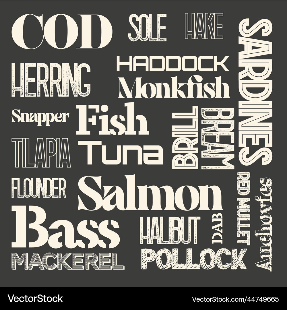 Types of fish word cloud on a chalkboard Vector Image