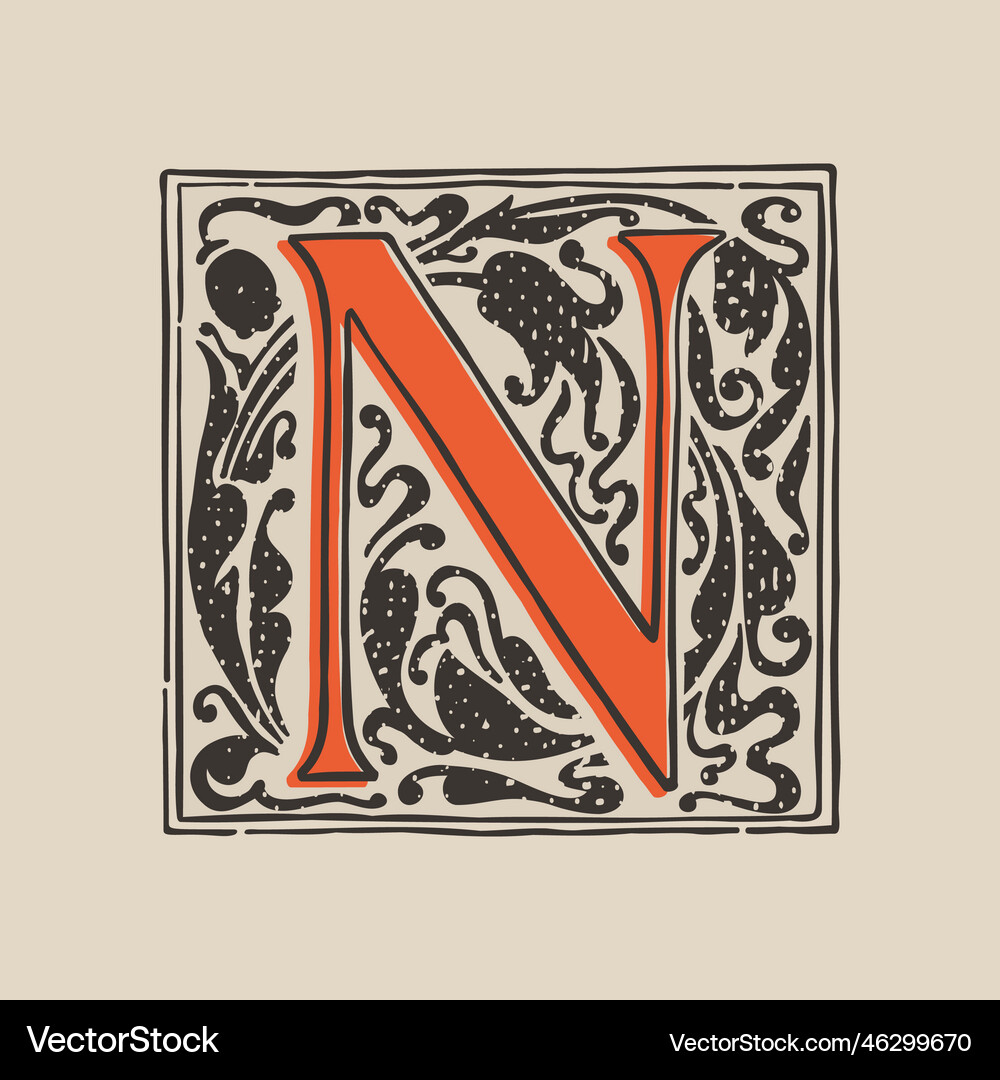 N letter drop cap logo in medieval engraving Vector Image