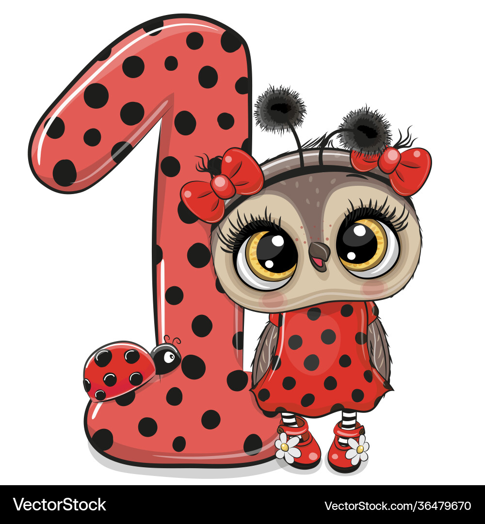 Owl and ladybug with number one isolated on a Vector Image
