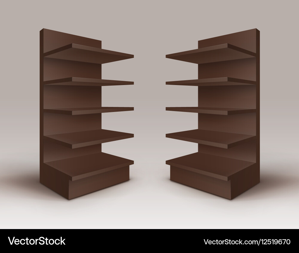 Set stands shop racks with shelves storefronts Vector Image