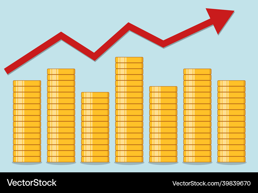Stack of gold coins with red graph arrow Vector Image