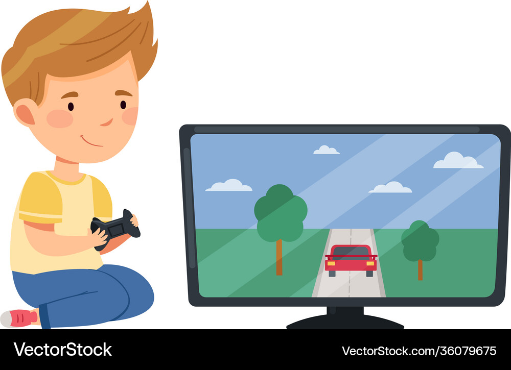 Cute boy sitting with gamepad on floor Royalty Free Vector
