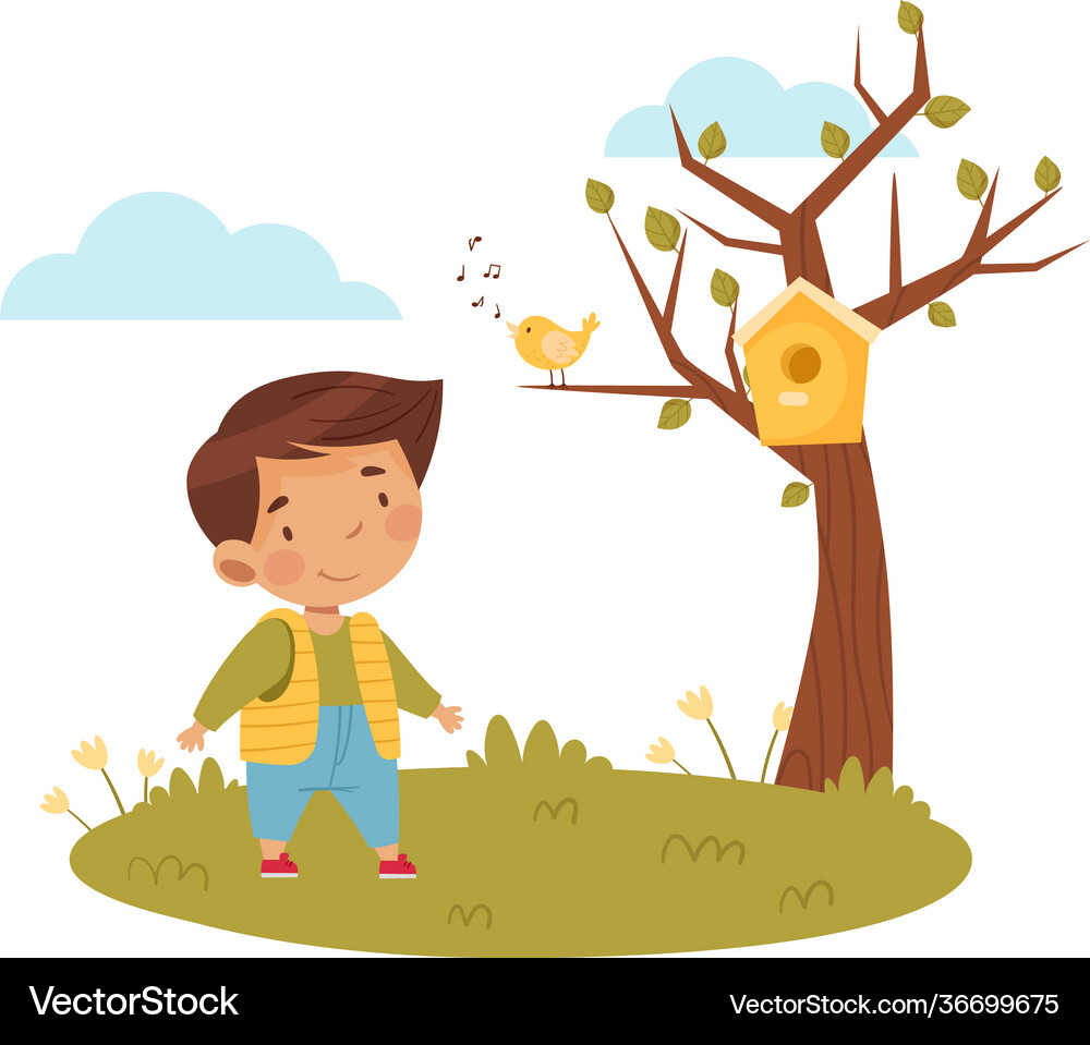 Cute boy walking outdoor and enjoying spring time Vector Image