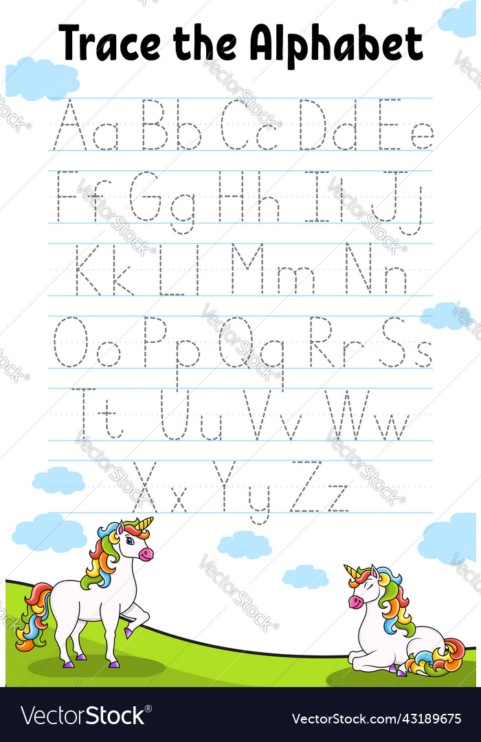 Writing letters tracing page with unicorn Vector Image