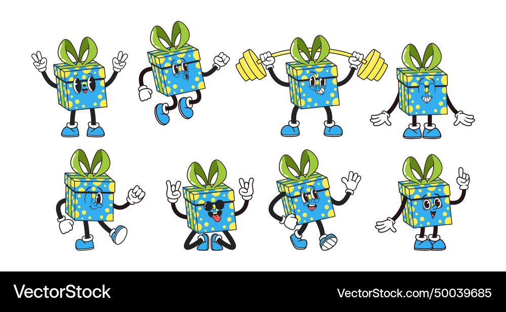 Retro groovy present box character emoji vibrant Vector Image