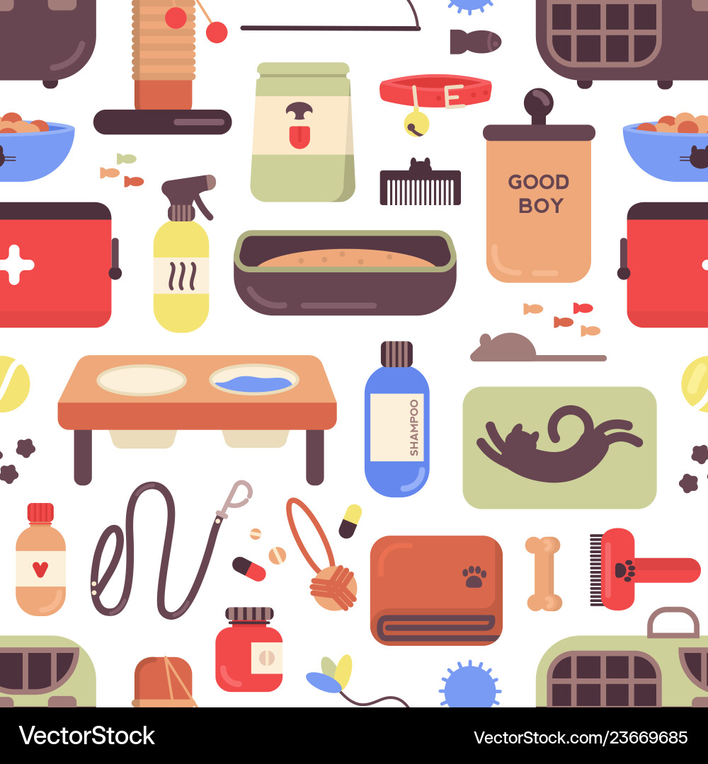 Seamless pattern with pet shop goods for cats and Vector Image