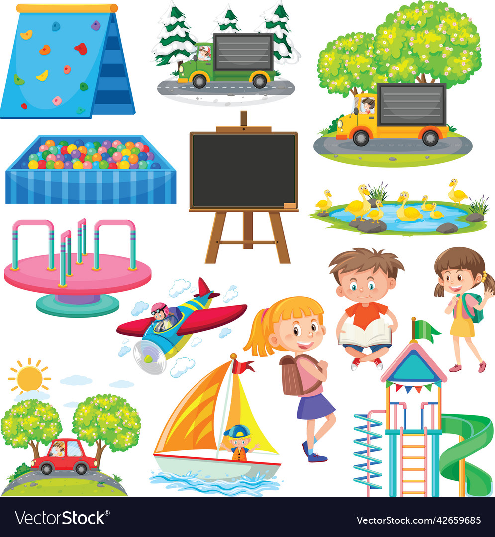Set of different cute kids and objects Royalty Free Vector
