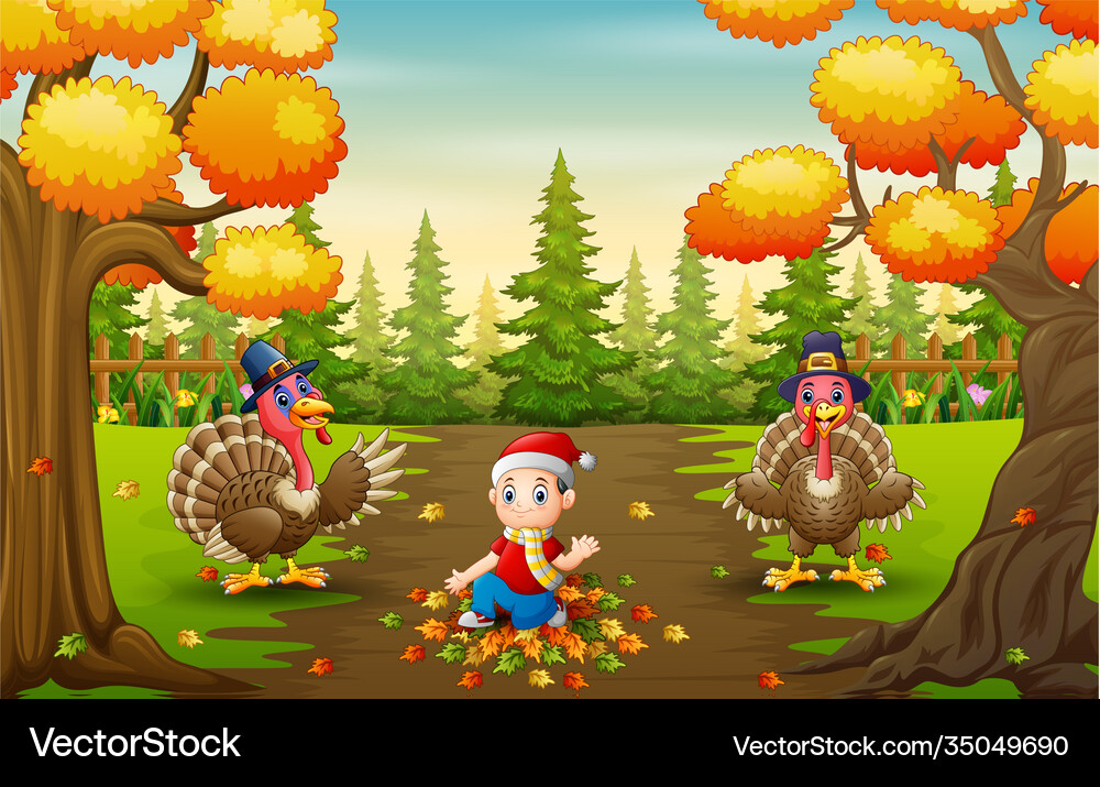 Little boy and turkeys bird playing Royalty Free Vector