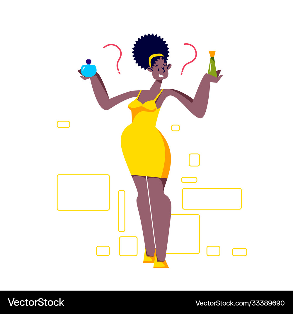 Woman choosing between two perfume scent cartoon Vector Image