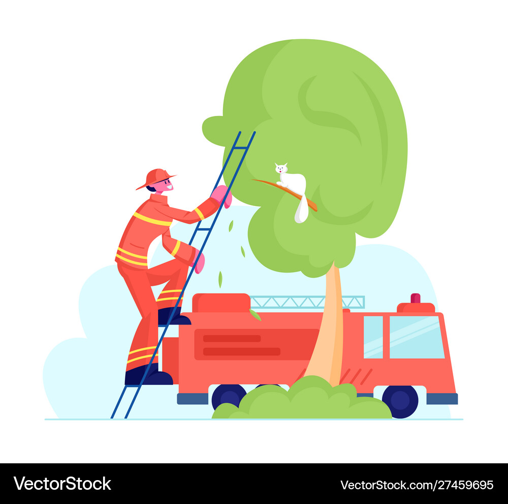 Brave fireman in red protective uniform and helmet