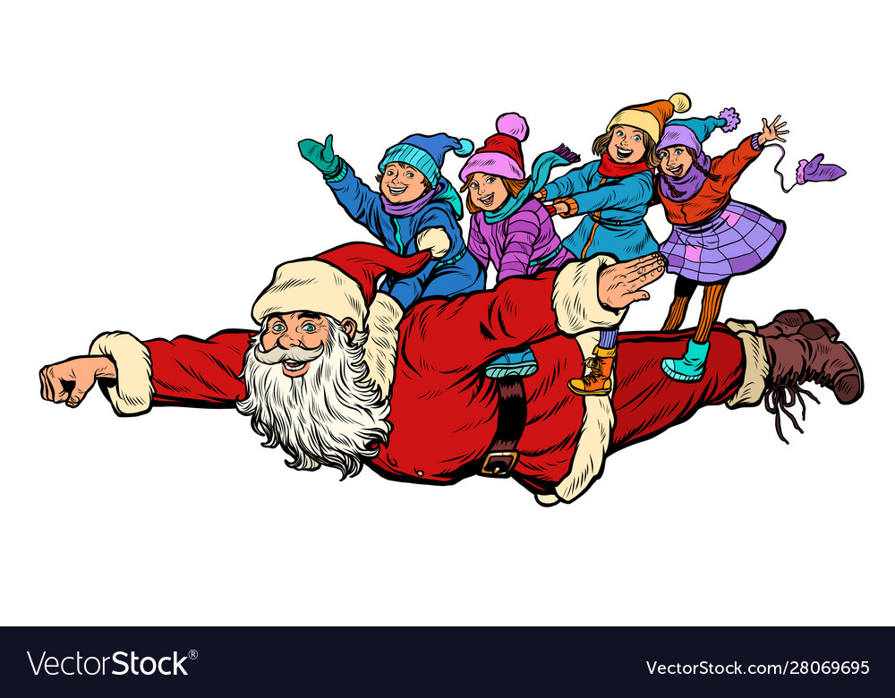 Superhero santa claus with children christmas Vector Image