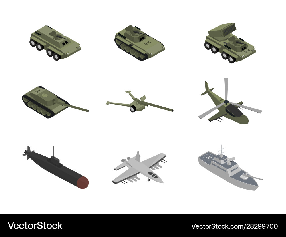 Military machinery isometric set Royalty Free Vector Image