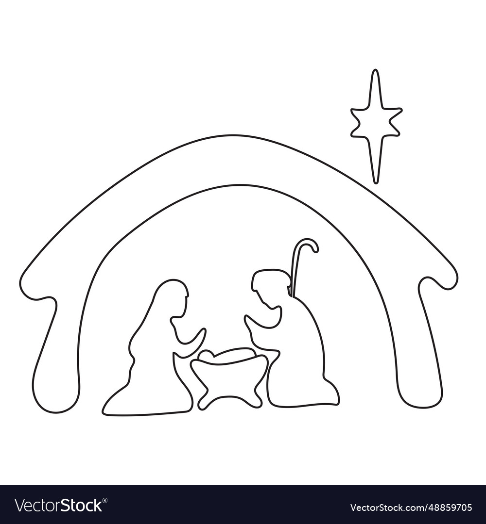 Line drawing of born jesus with joseph and mary Vector Image
