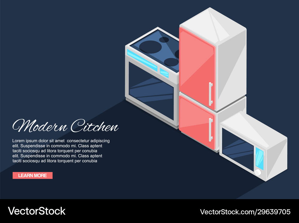 Modern kitchen interior furniture isometric web Vector Image