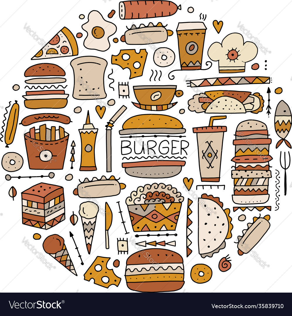Fast food icons hamburger pizza sausages snacks Vector Image