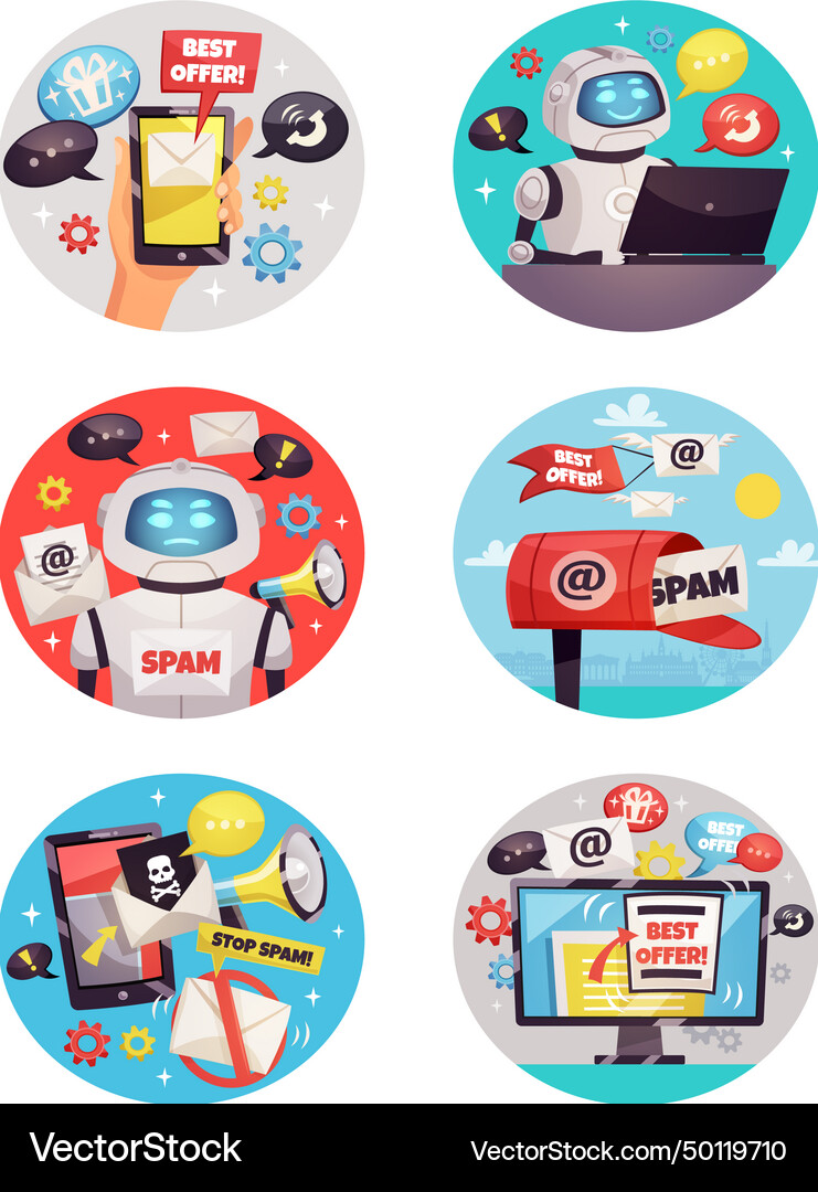 Six round spam bot icons Royalty Free Vector Image