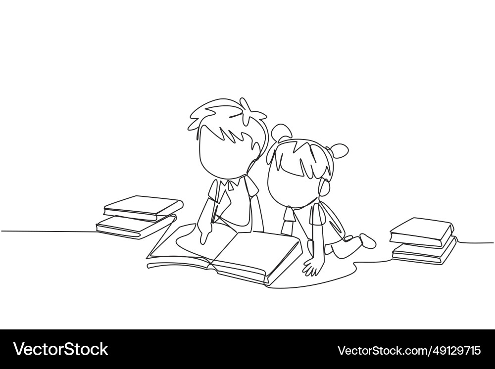 Continuous one line drawing kids reading books Vector Image