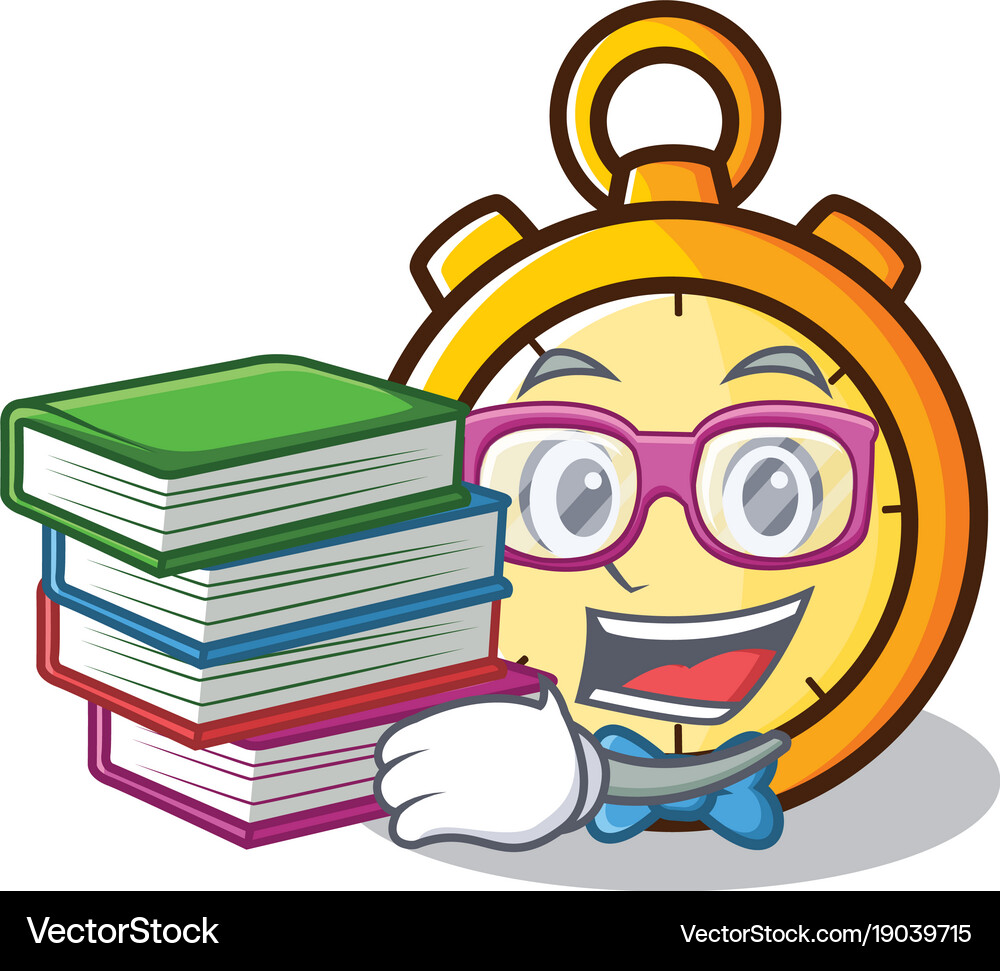 Student with book chronometer character cartoon Vector Image