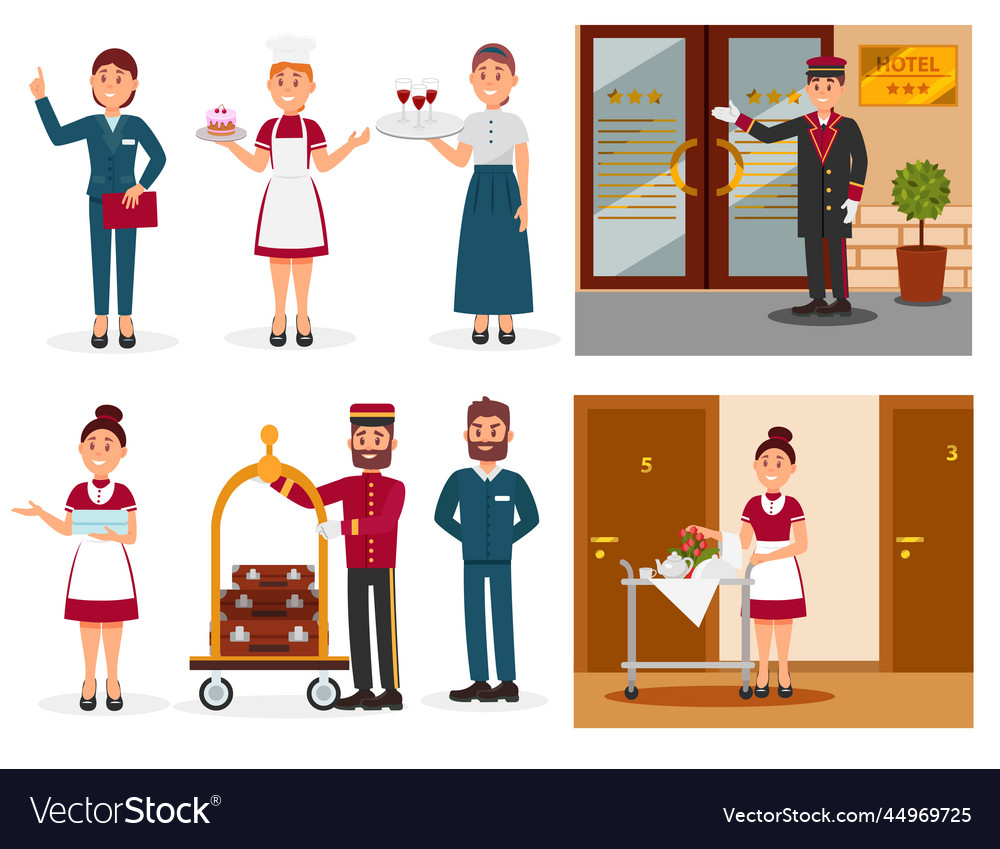 Hotel staff with manager doorman maid chef Vector Image