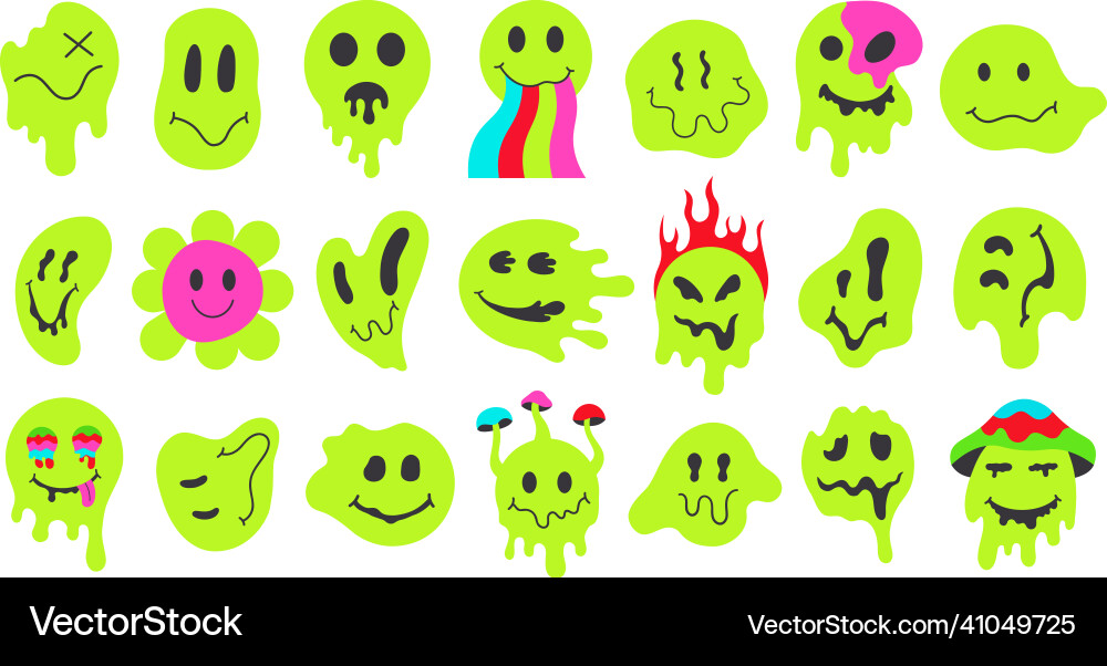 Neon melting smiling faces retro doodle dripping Vector Image