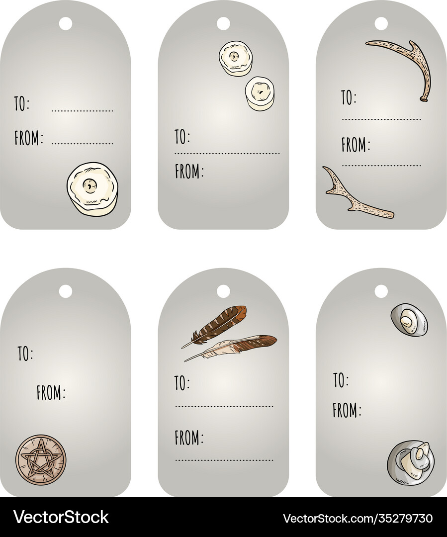 Magic gift tags set with candles feathers and sea Vector Image