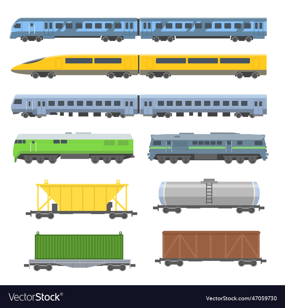 Various passenger and cargo trains flat set Vector Image