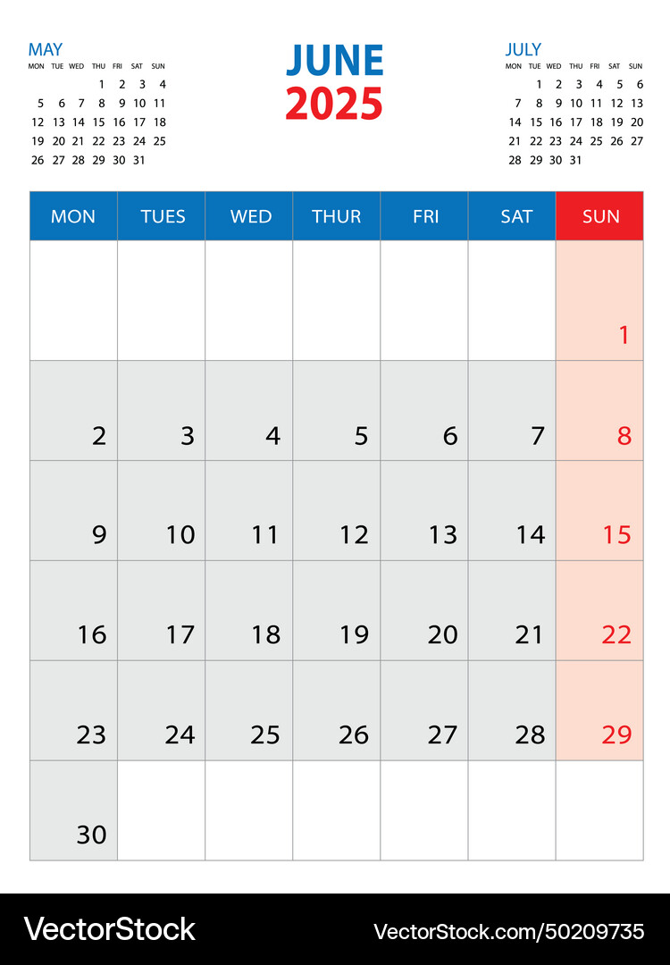 Calendar 2025 template -june year Royalty Free Vector Image