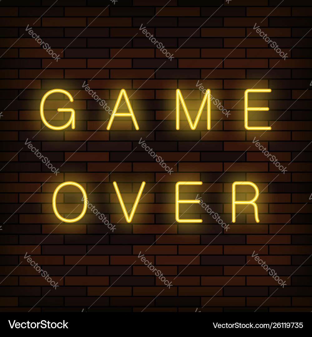 Glass neon game over sign on solid red brick wall Vector Image