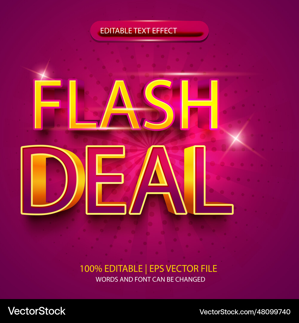 Flash deal purple gold bold 3d editable text Vector Image