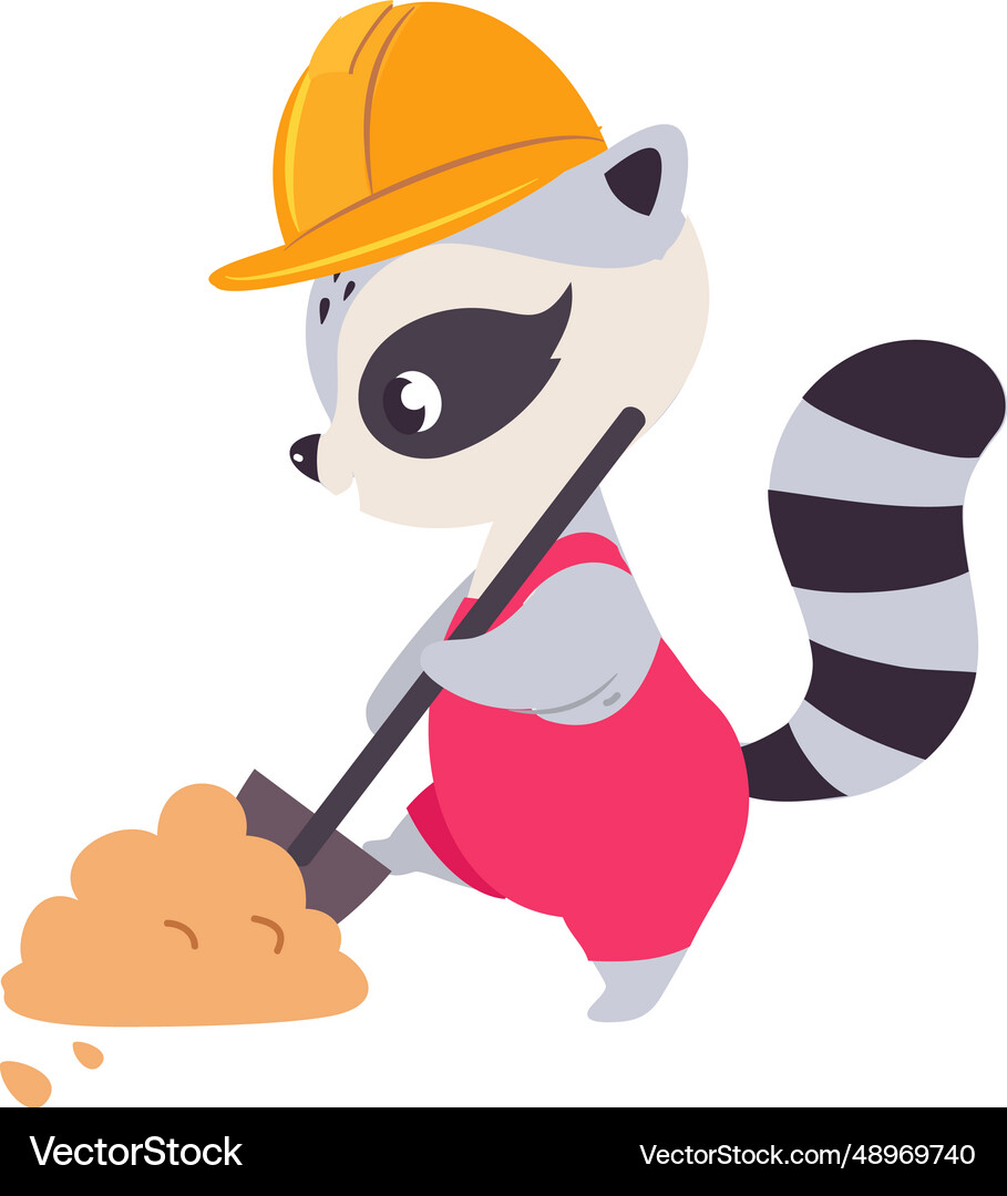 Raccoon builder character in hard hat dig sand Vector Image