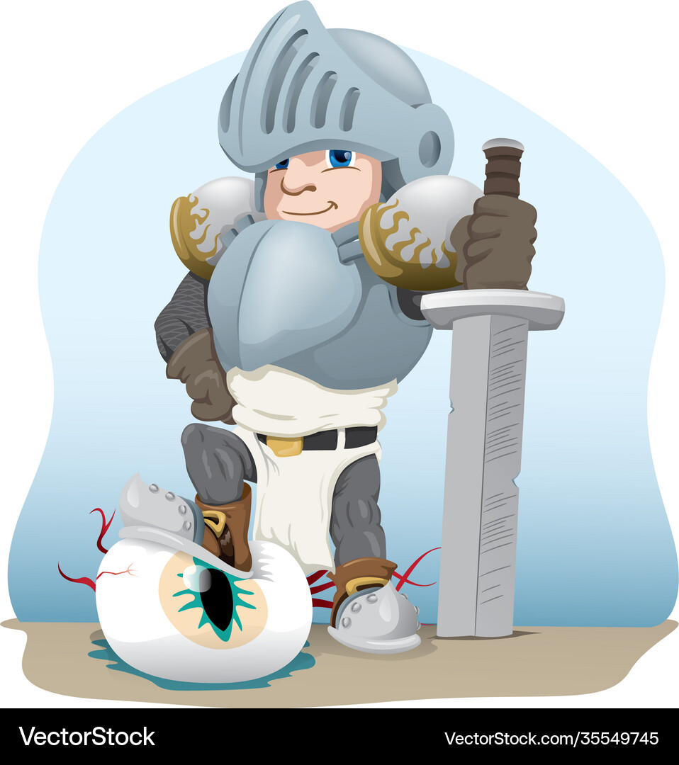 Knight with a sword stepping over eye monster Vector Image