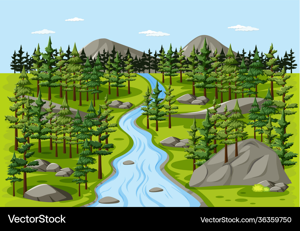 Stream in forest nature landscape scene Royalty Free Vector