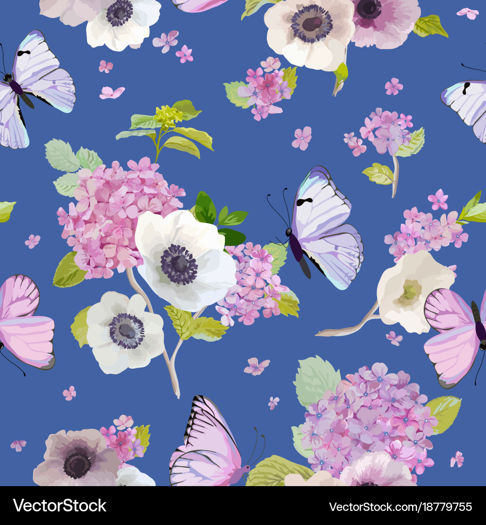 Seamless pattern with flowers and butterflies Vector Image