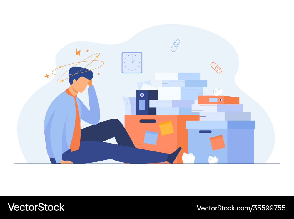 Tired man sitting on floor with paper document Vector Image