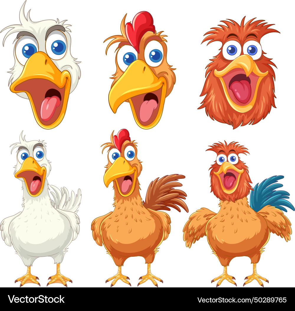 Six animated chickens showing various emotions Vector Image