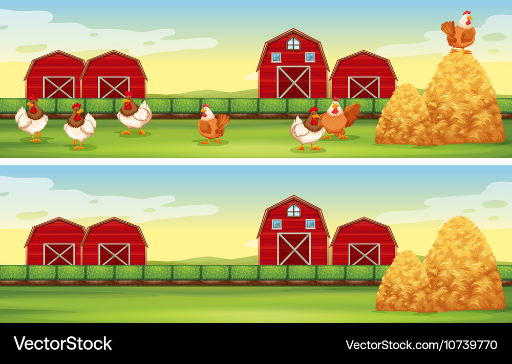 Chickens and barn in farmyard Royalty Free Vector Image