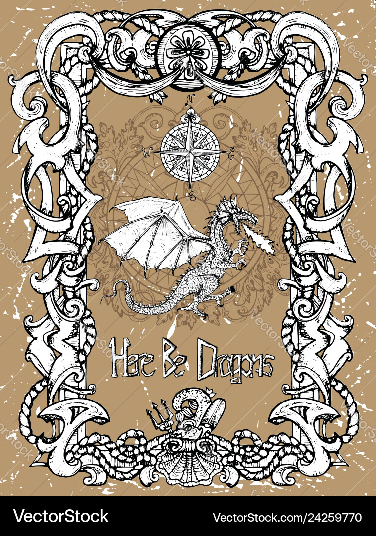 Flying dragon snorting fire with compass Vector Image