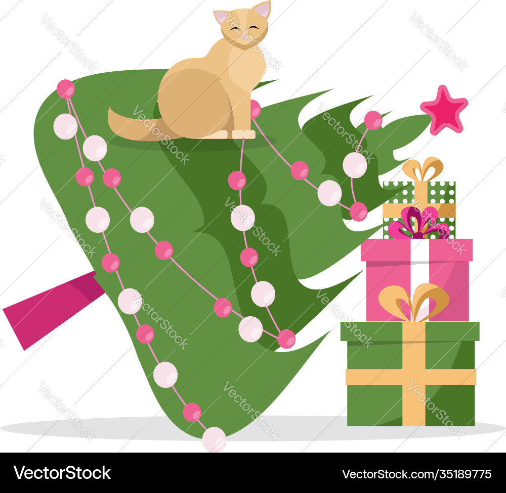 Christmas card - cat dropped tree Royalty Free Vector Image